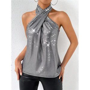 Tops | Glitter Criss Cross Halter Top Silver | Poshmark